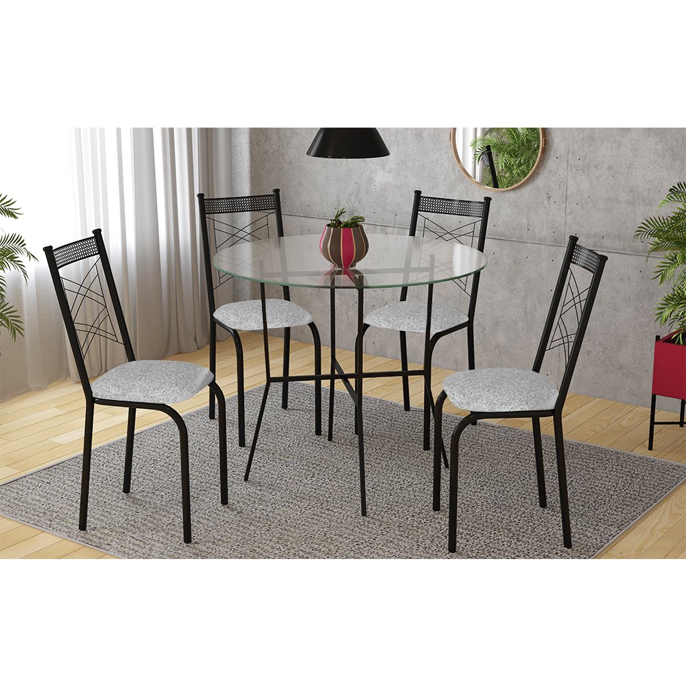 Conjunto Mesa Redonda Jade Vidro e Aço com 4 Cadeiras Estofado para ...