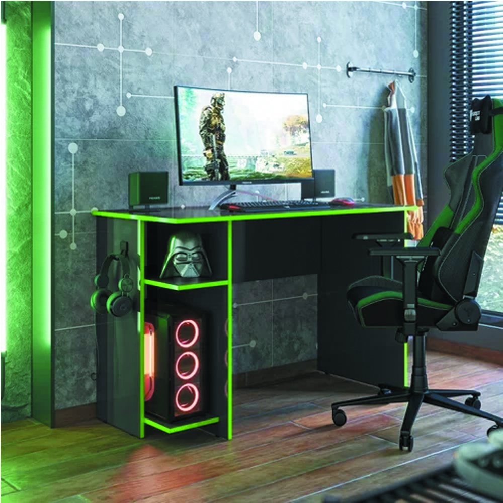 Mesa para Escritório e Gamer Qmovi Preto Fosco/Verde | MadeiraMadeira