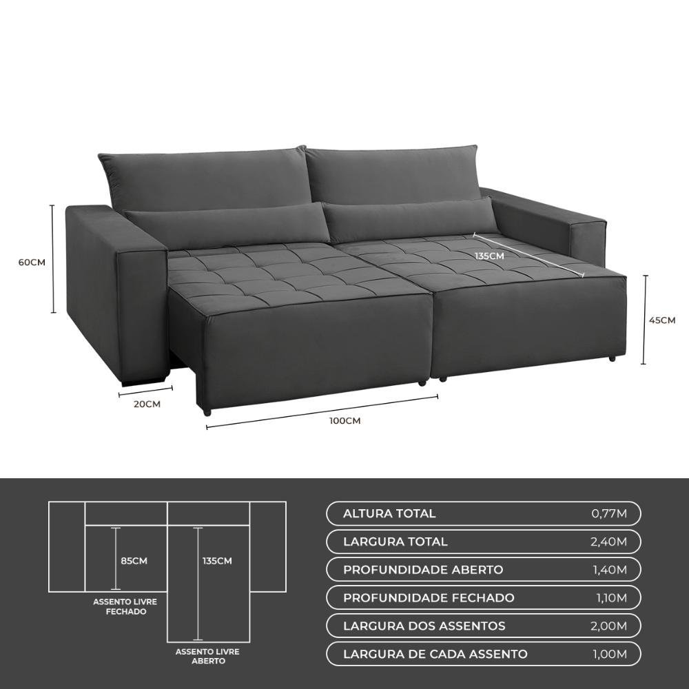 Sofá cama com 2 almofadas 2,40 m Nepal Cor:Cinza | MadeiraMadeira