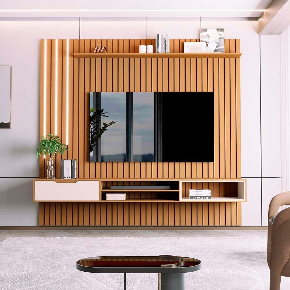 Home Ripado para Sala Tv até 75 Polegadas com Led Nature Pérola Tucumã Jb Bechara | MadeiraMadeira