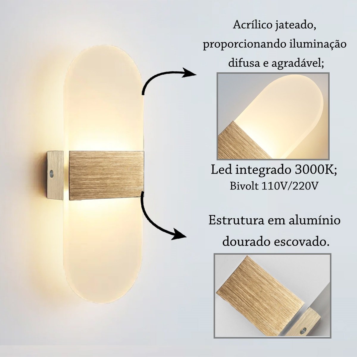 Arandela Interna Dourada Acrilico Led Integrado 3000k Lup92 ...