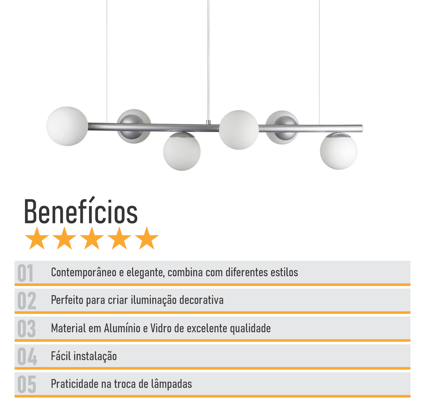 Lustre Pendente Figo Prata - 6 Globos Esfera de Vidro Branco - 6-2620 ...