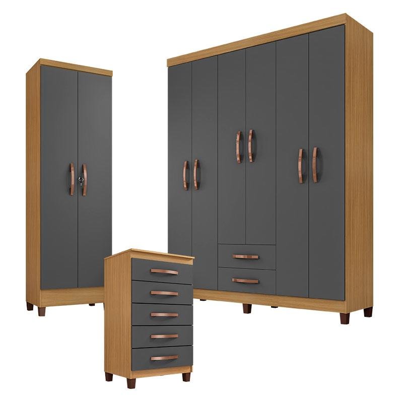 Guarda Roupa Casal e Cômoda Gaveteiro Cannes e Armário Multiuso Egito Carvalho Americano Grafite ...