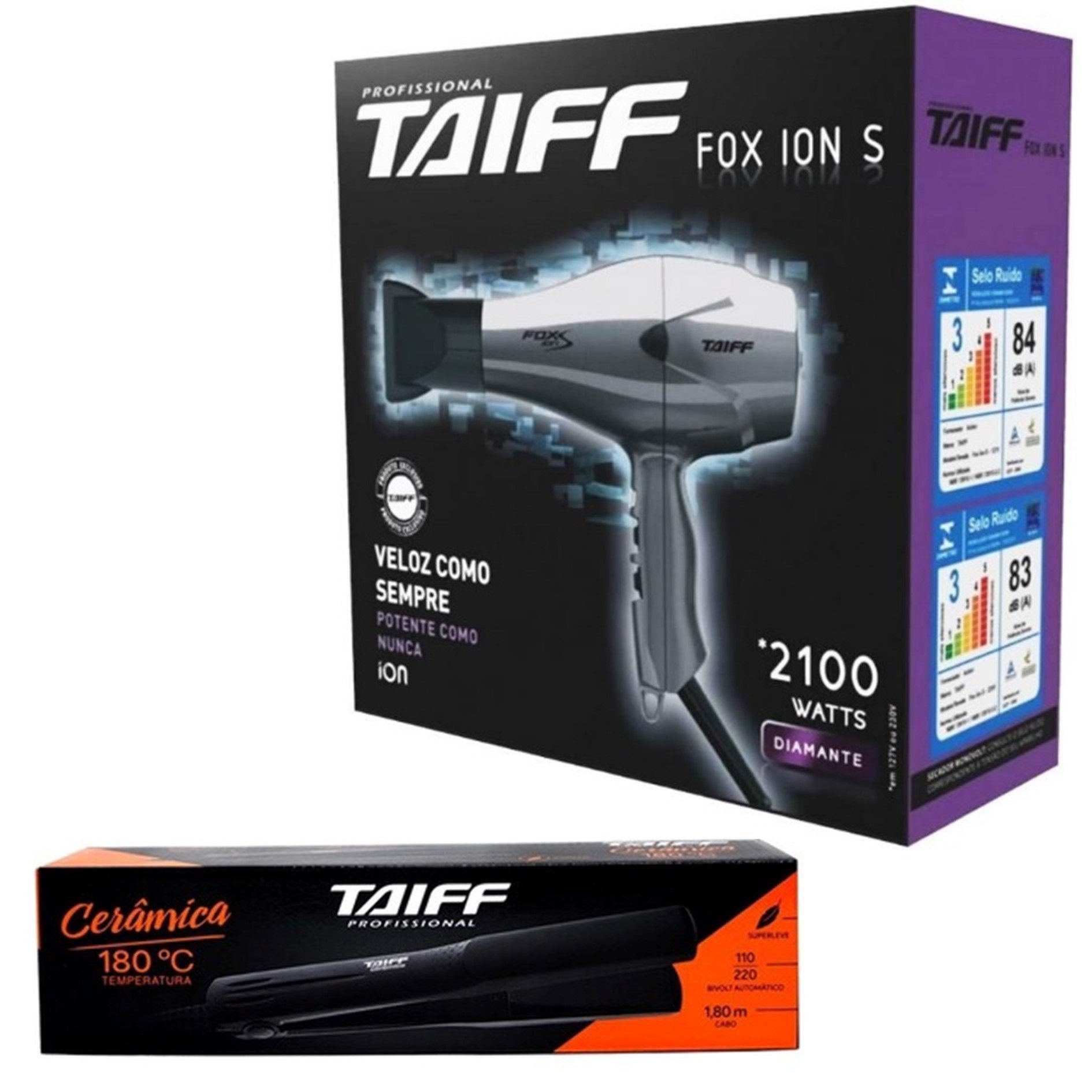 KIT TAIFF - SECADOR PROFISSIONAL FOX ION S PRATA 2100W 220V + PRANCHA ...