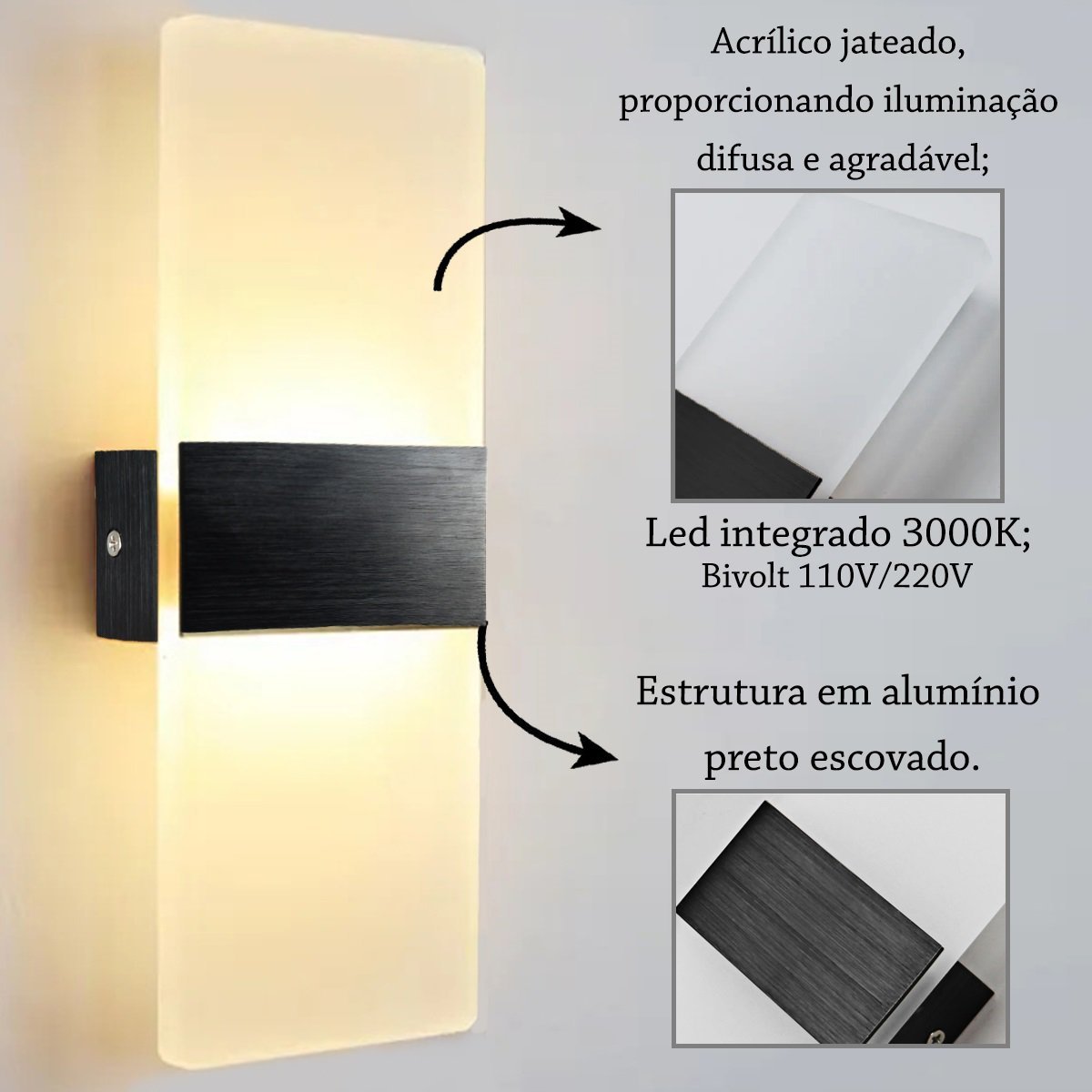 2 Arandela Interna Sala Acrilico Jateado Led Integrado Lup94 ...