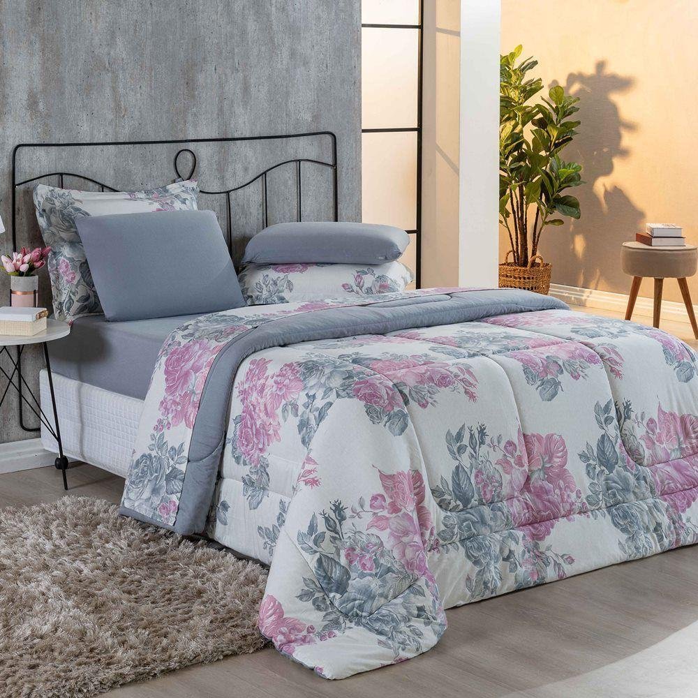 Kit Edredom Malha 3 Peças King Floral Cinza | MadeiraMadeira